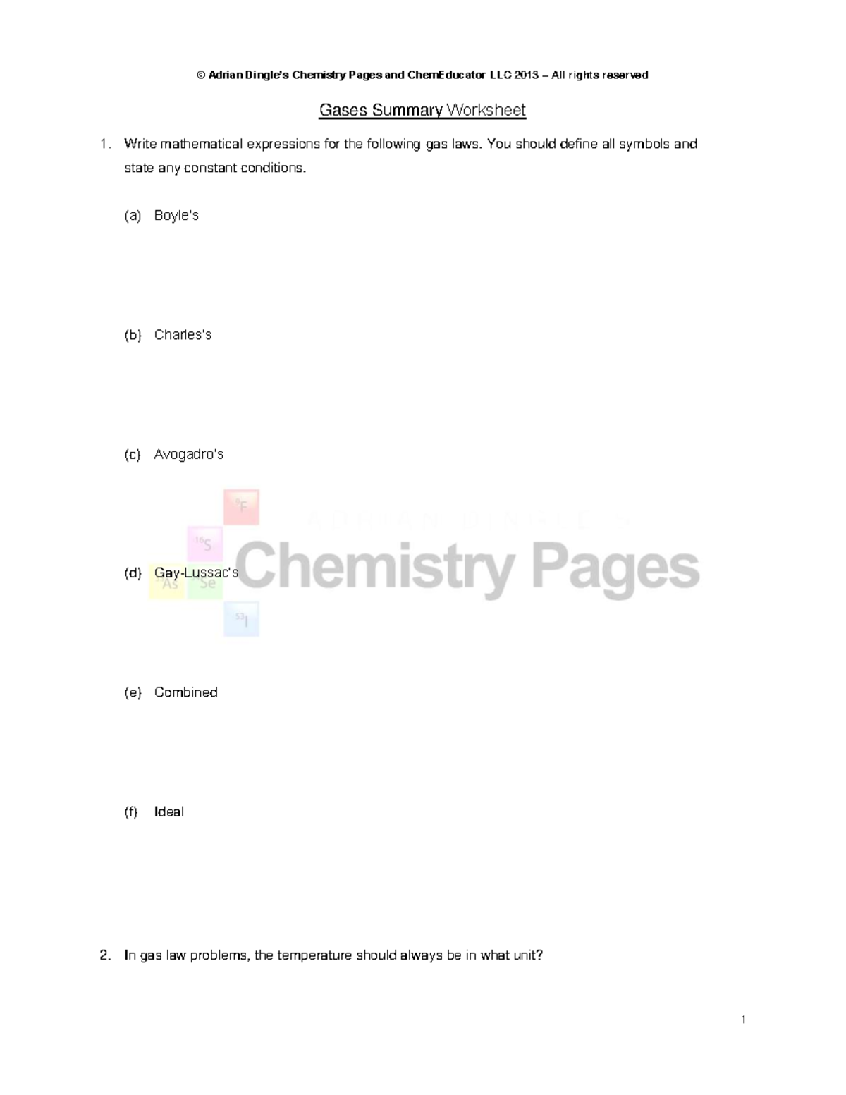 Gases Summary Worksheet for Chemistry 101: Key Laws & Calculations ...
