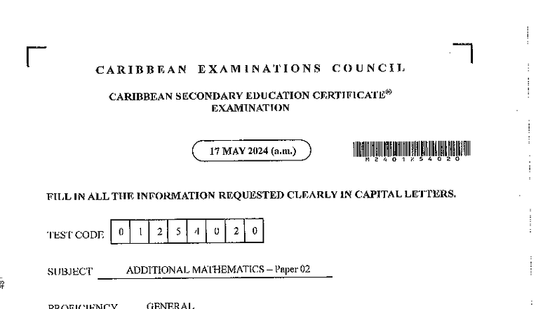 CSEC A004 Additional Mathematics May 2024 - Paper 02 Exam Guide - Studocu