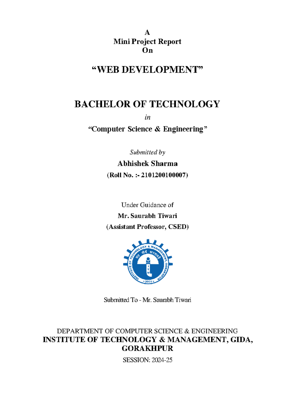 Mini Project Report on Web Development (KCS 752) - B.Tech CSE 7th Sem ...