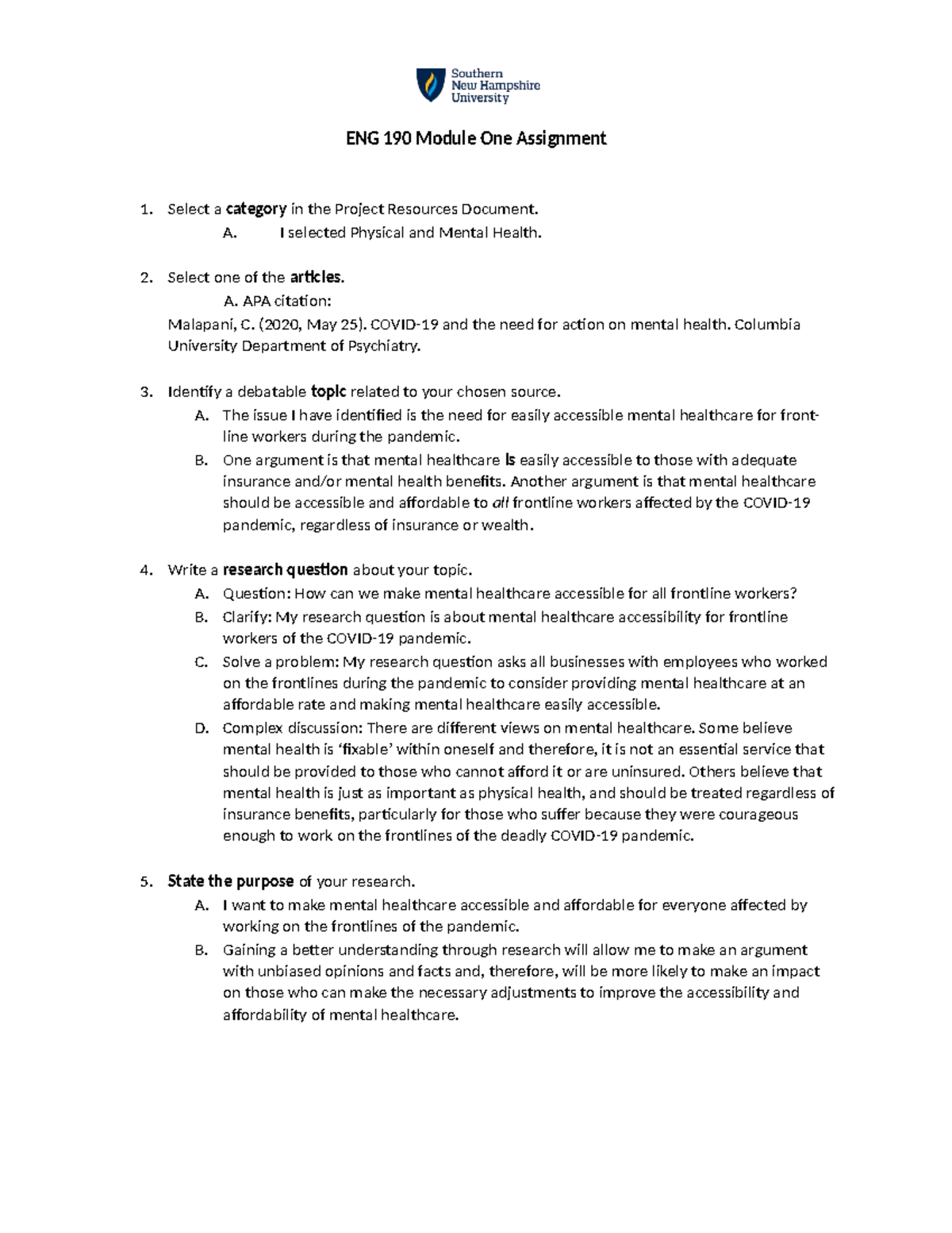 ENG 190 Module One Assignment: Accessible Mental Healthcare for ...