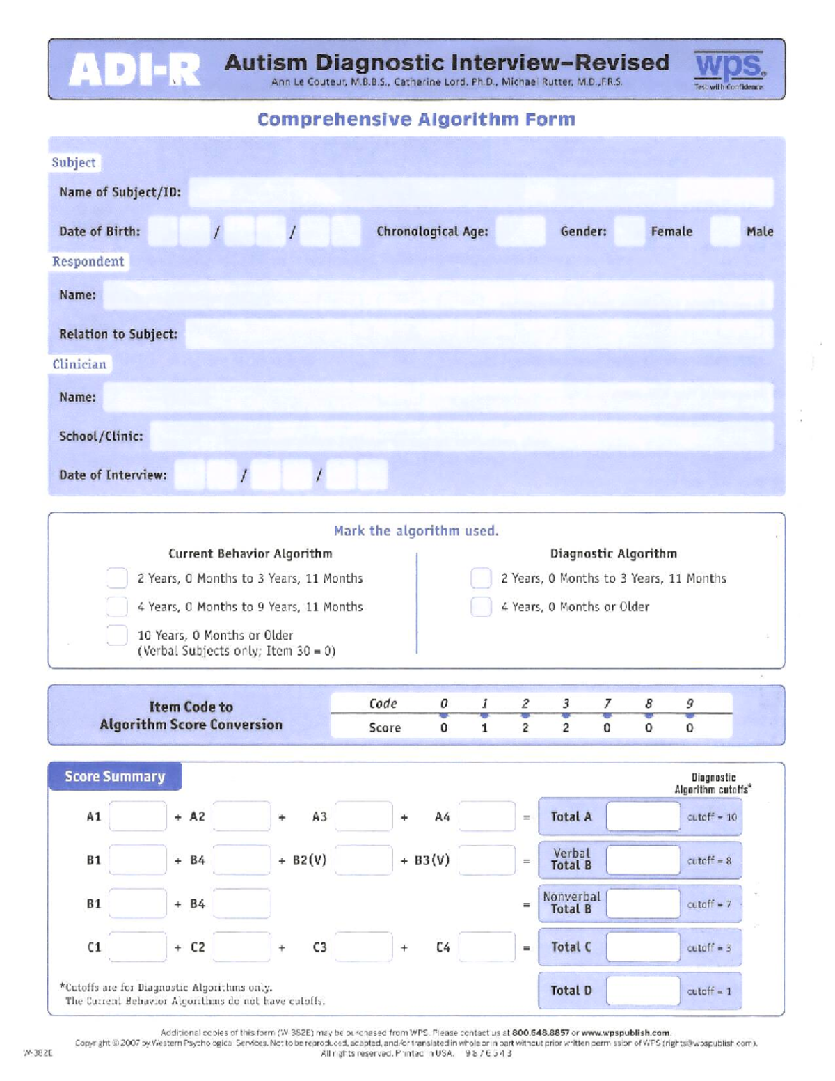 Autism Diagnostic Algorithm Form (WPS) - Comprehensive Guide - Studocu