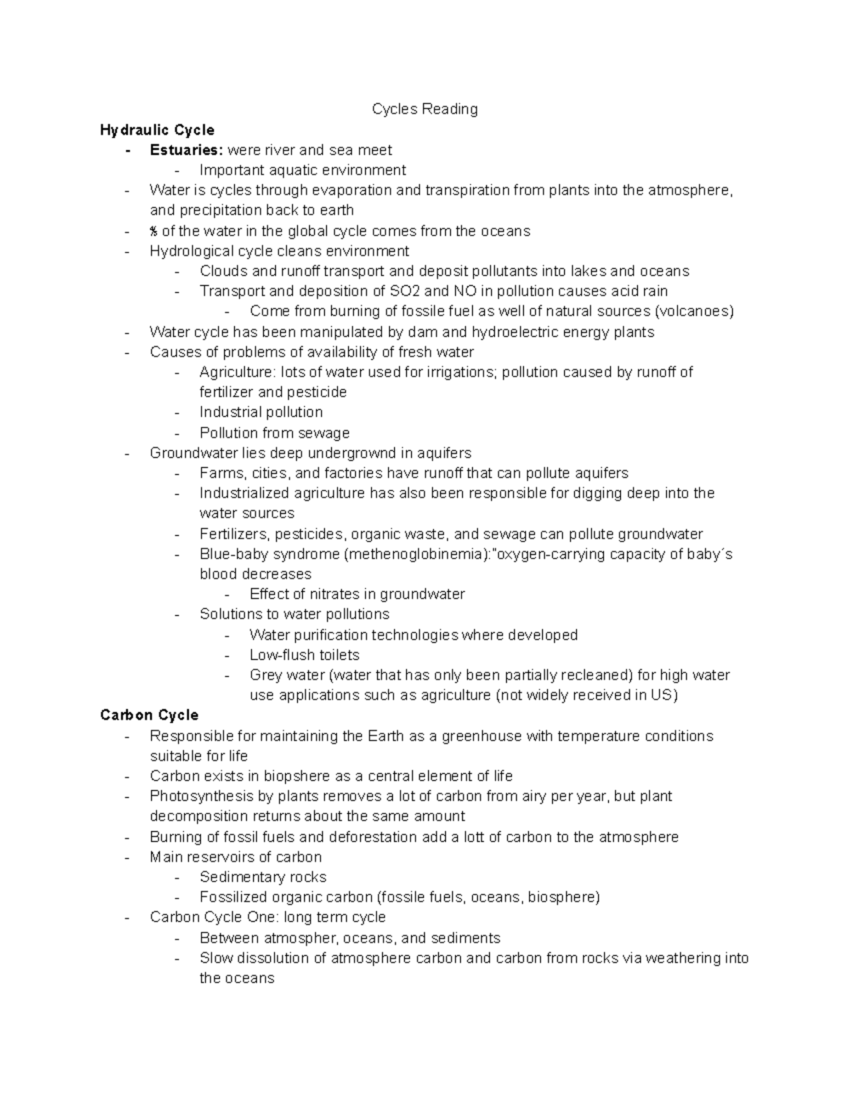 APES Unit 2 Cycles Reading - Cycles Reading Hydraulic Cycle Estuaries ...