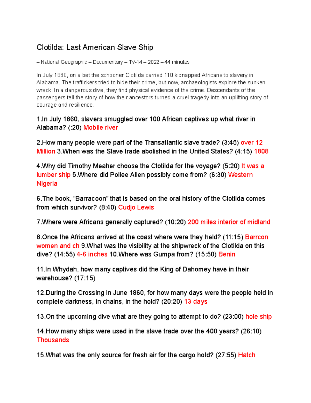 Clotilda: Insights from the Last American Slave Ship Documentary - Studocu