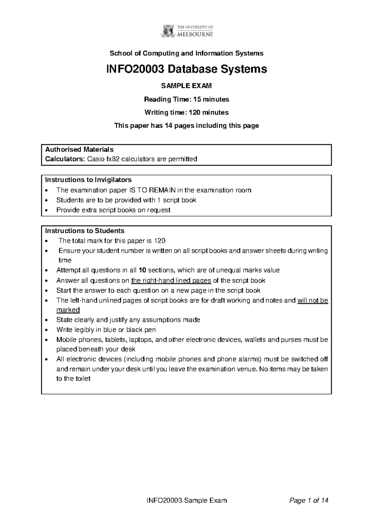 INFO2000 3 Database Systems Sample Exam Guide - Studocu