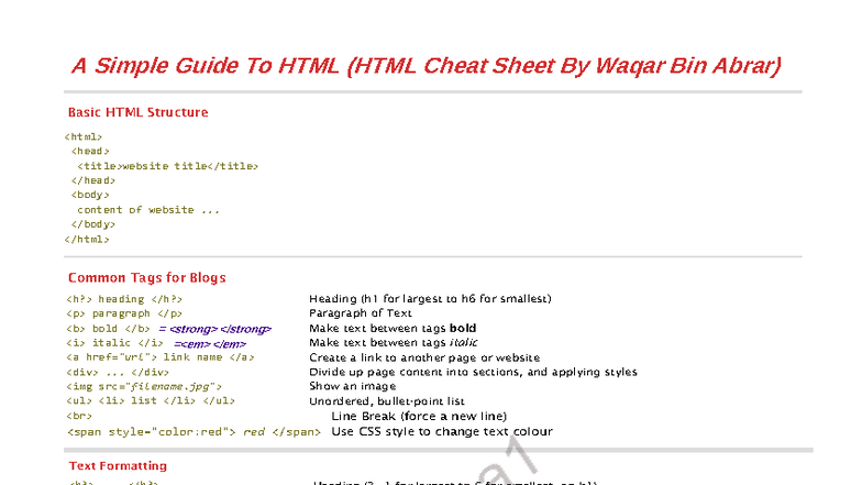 HTML Cheat Sheet: Essential Tags and Structure Guide - Studocu