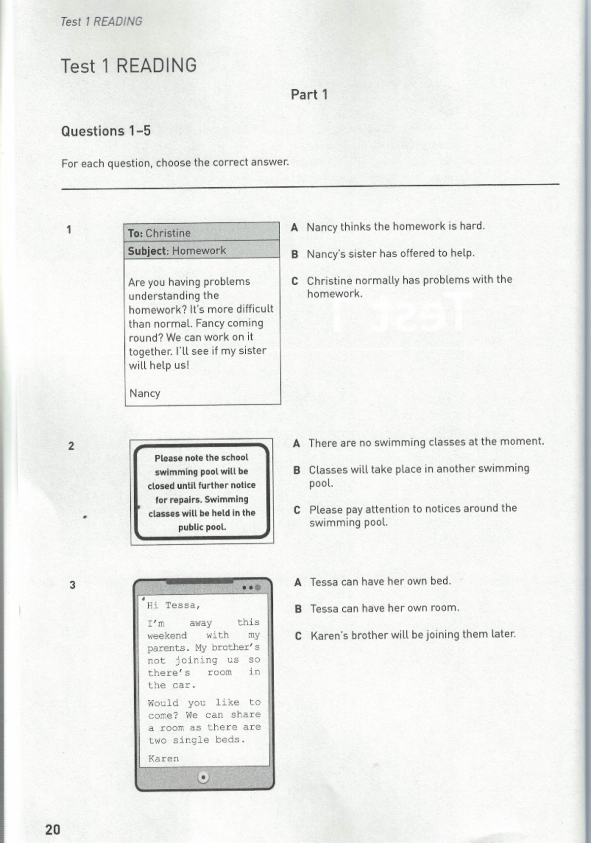 Collins B1 Preliminary for Schools Test 1: Reading Questions and ...