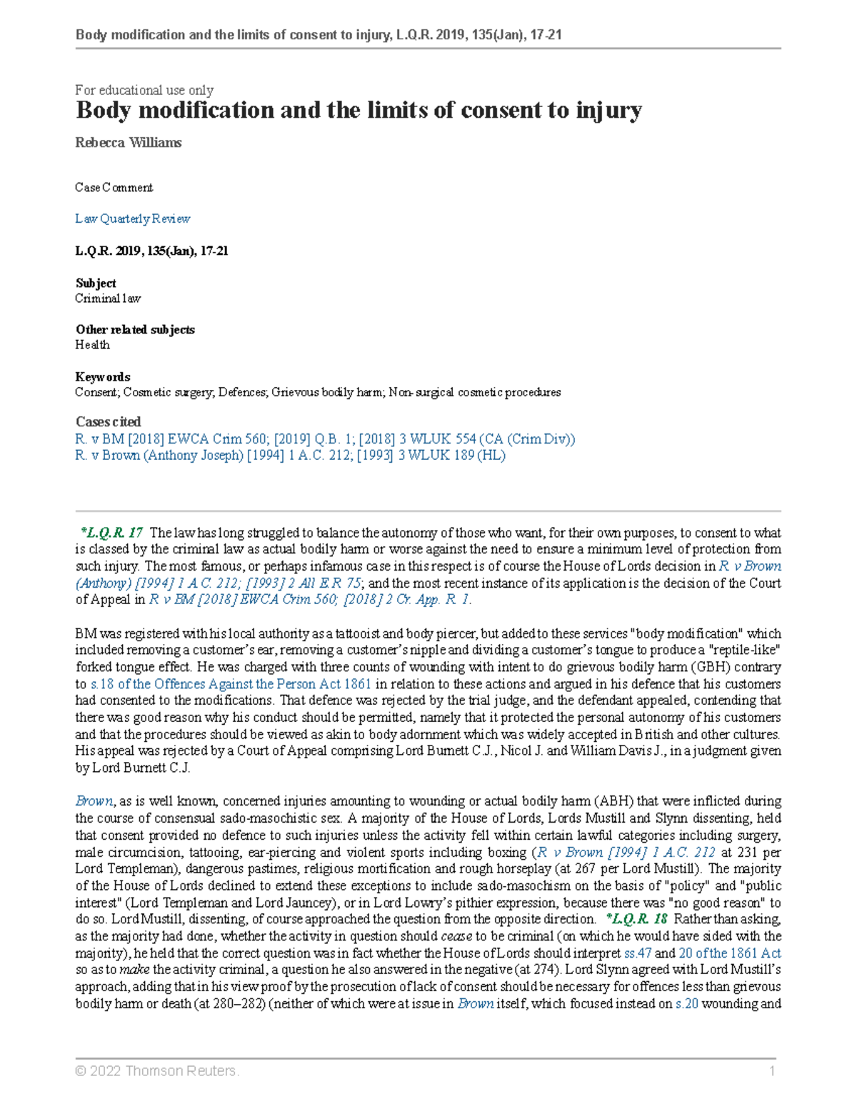Body Modification & Consent to Injury: Analysis of R. v BM and R. v ...