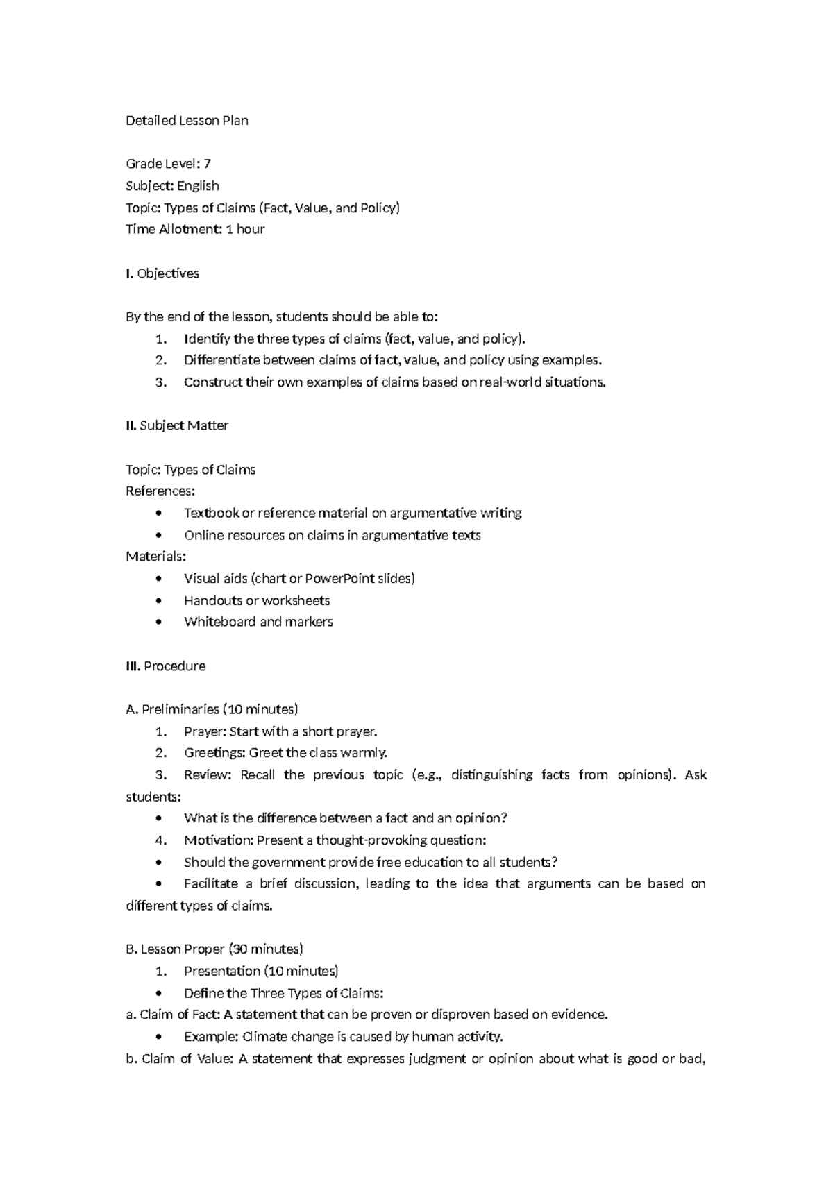 DLP- Final Lesson Plan: Understanding Types of Claims in English - Studocu