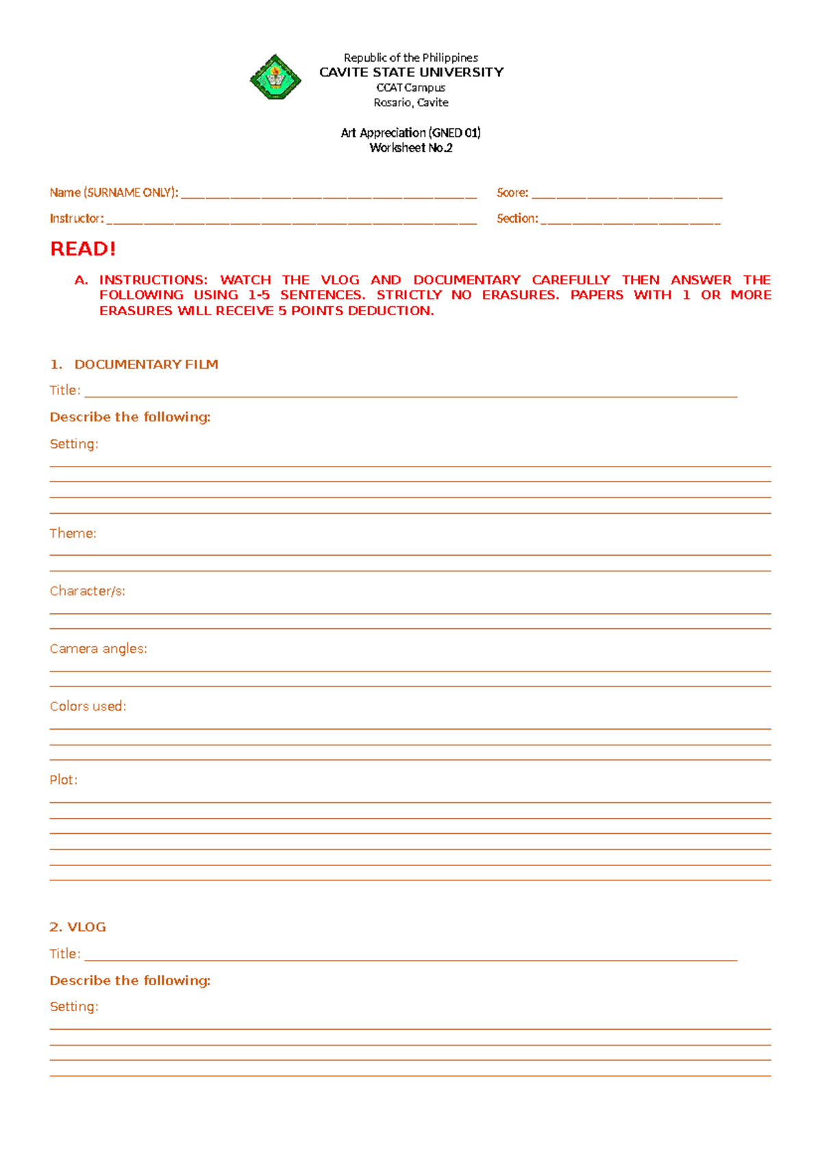 Art Appreciation (GNED 01) Worksheet No. 2 - Cavite State University ...