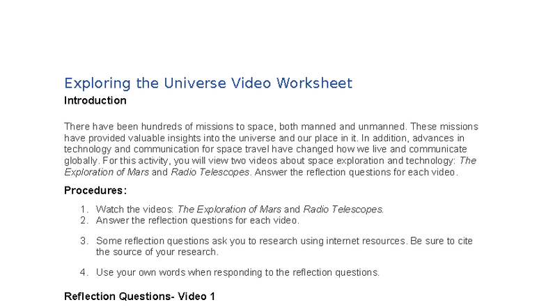 Exploring the Universe: Video Worksheet & Reflection Questions - Studocu