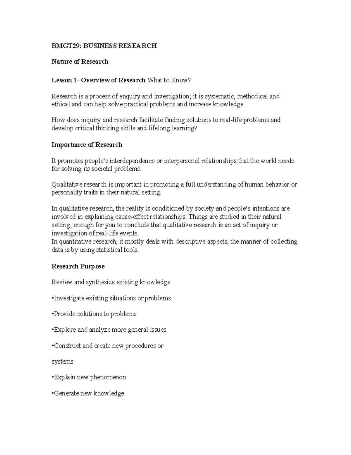 BMGT29: Business Research - Lecture Notes Overview (Lessons 1-4) - Studocu