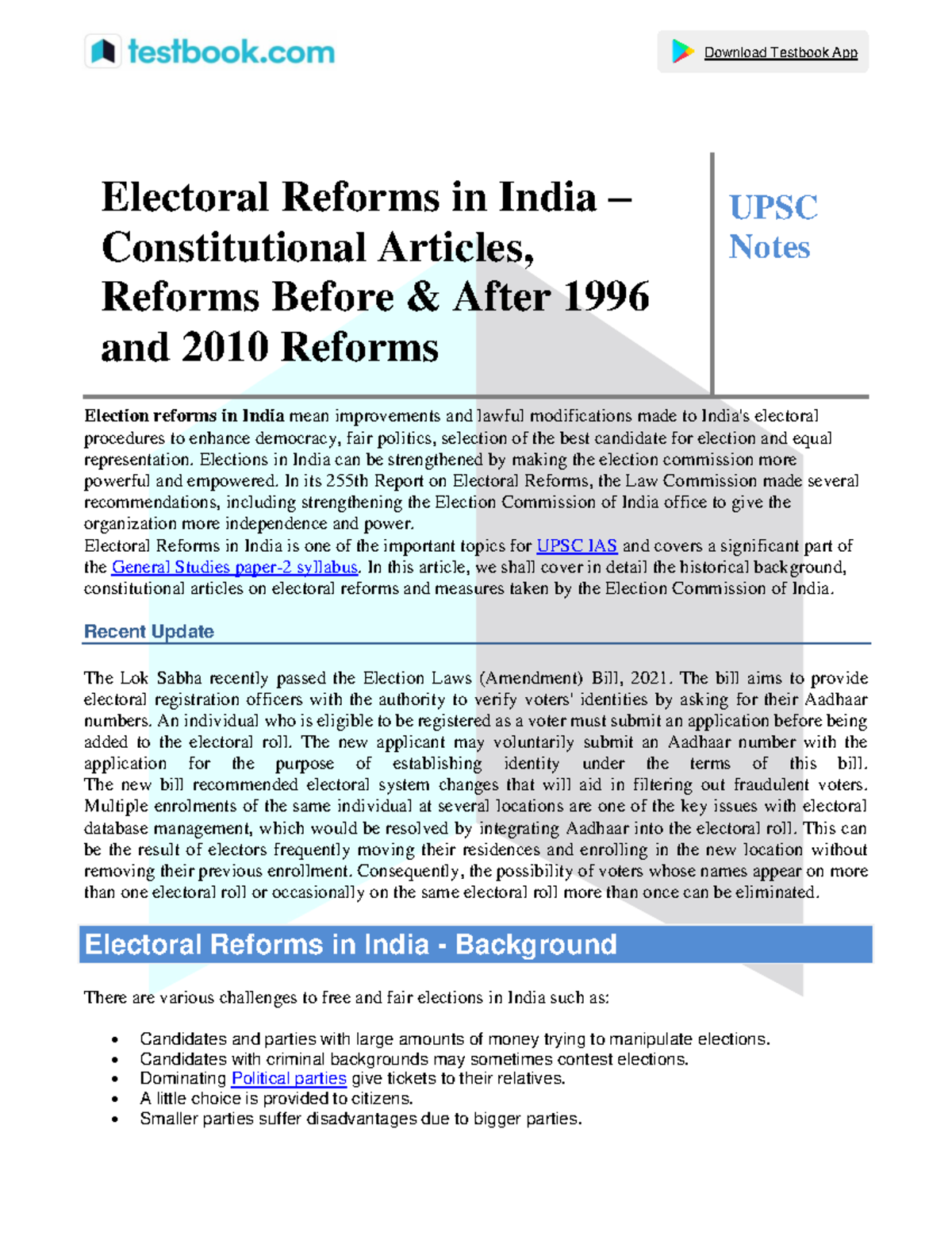Electoral Reforms in India: Constitutional Changes Pre & Post 1996-2010 ...