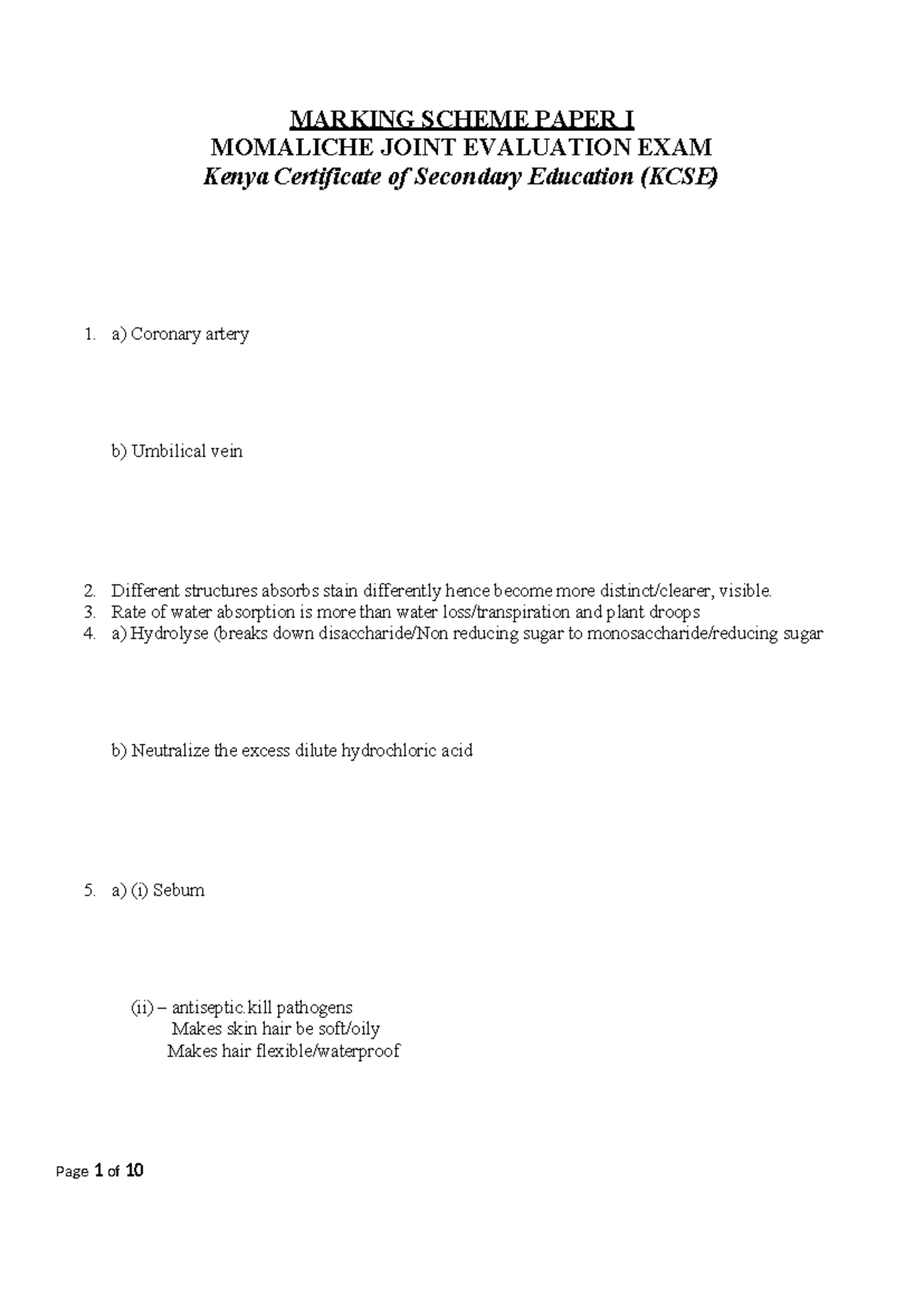 BIO-PP1-Marking Scheme for KCSE Joint Evaluation Exam - Studocu