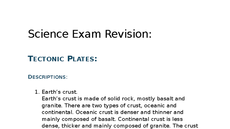 Science Exam Revision: TECTONIC PLATES & EARTH SCIENCE Concepts - Studocu