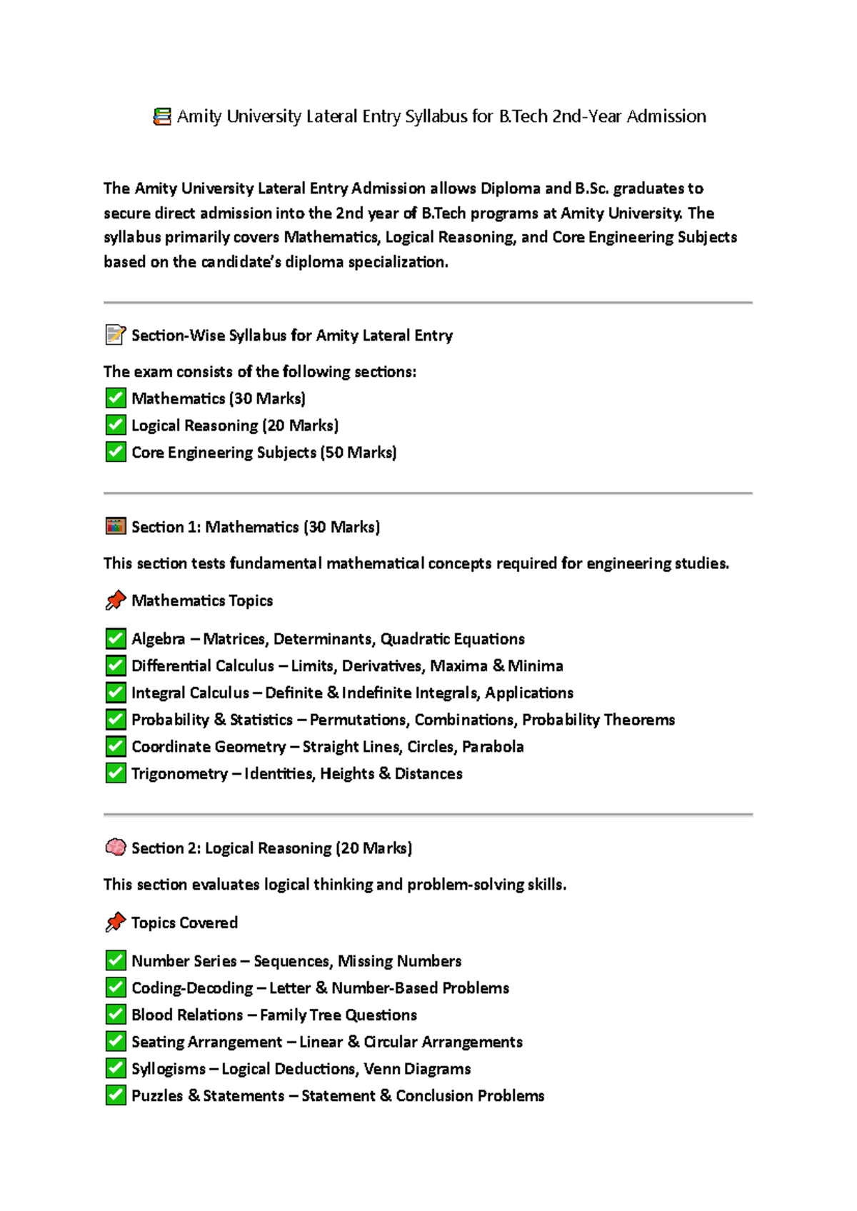 Amity University B.Tech Lateral Entry Syllabus Overview - Studocu