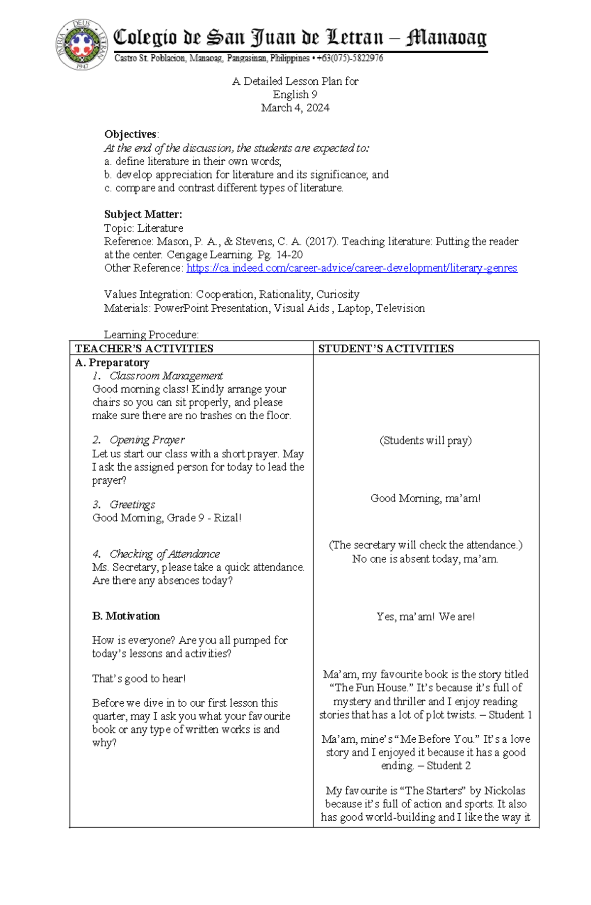 DLP - Lesson 1: Exploring Literature for English 9 - Studocu