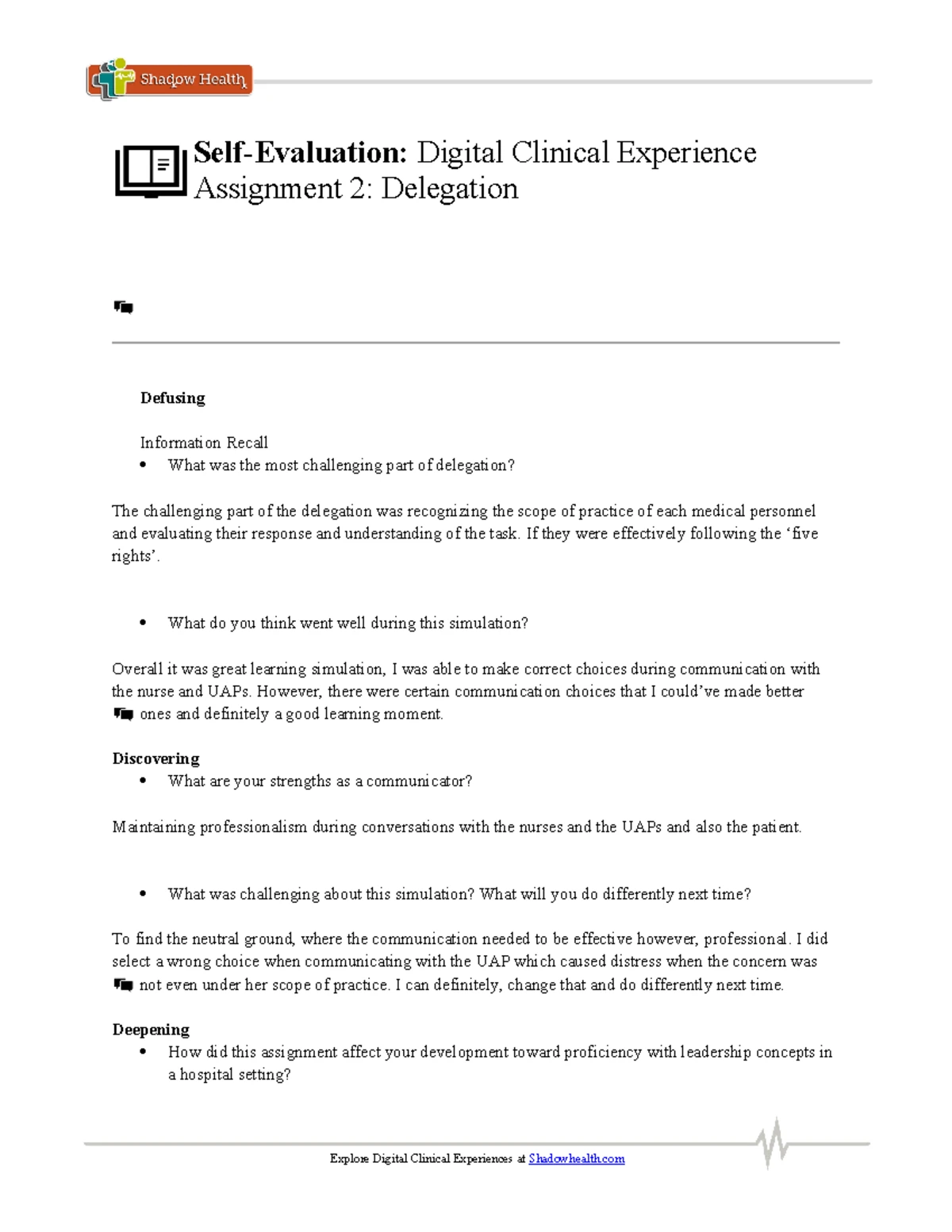 Self-Evaluation on Delegation: Shadow Health Assignment 2 Insights ...