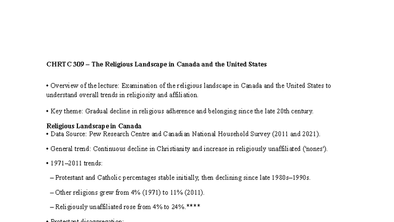 CHRTC 309 Lecture Notes: The Decline of Religion in Canada & U.S. - Studocu