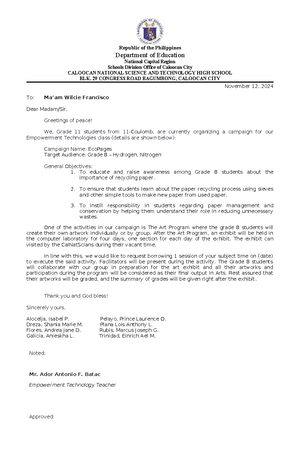 Request Letter to Subject Teacher Campaign - Republic of the ...