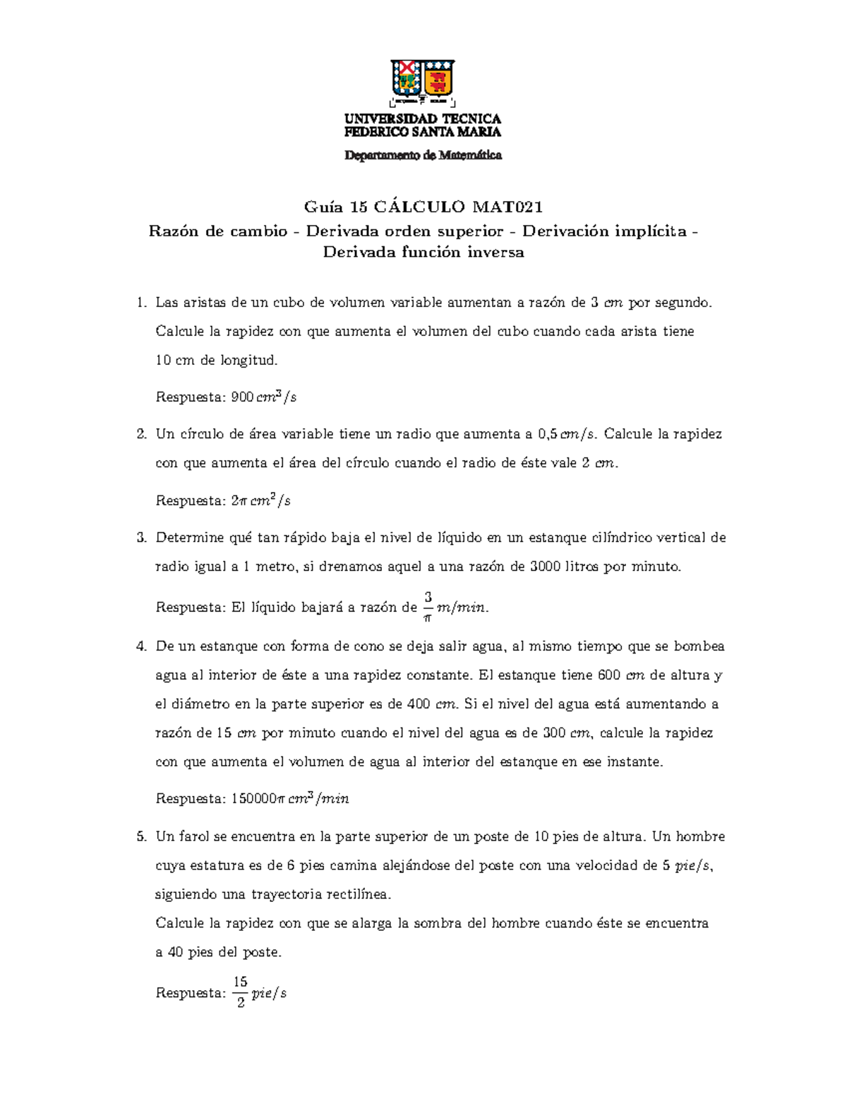 GUIA 15 MAT021 Cálculo: Razón de Cambio y Derivadas Inversa - Studocu