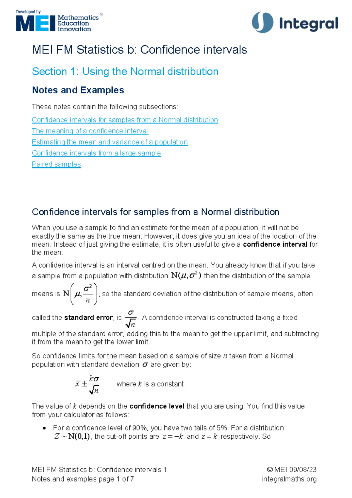 MEI FM Statistics b: Confidence Intervals - Notes & Examples - Studocu