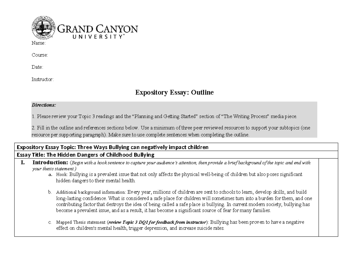 Expository Essay Outline - Name: Course: Date: Instructor: Expository ...