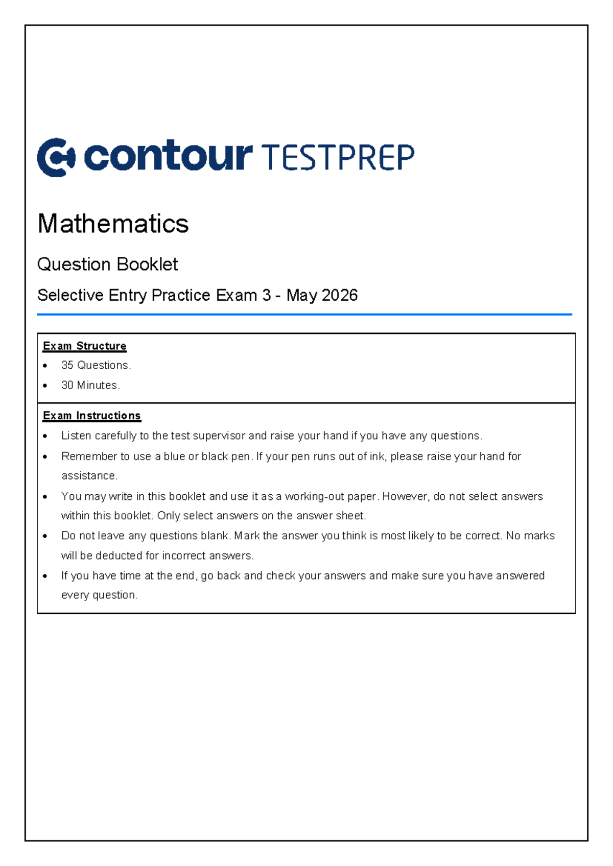 VSE-MAMA [4.0] - Selective Entry Practice Exam 3 - Mathematics - Studocu
