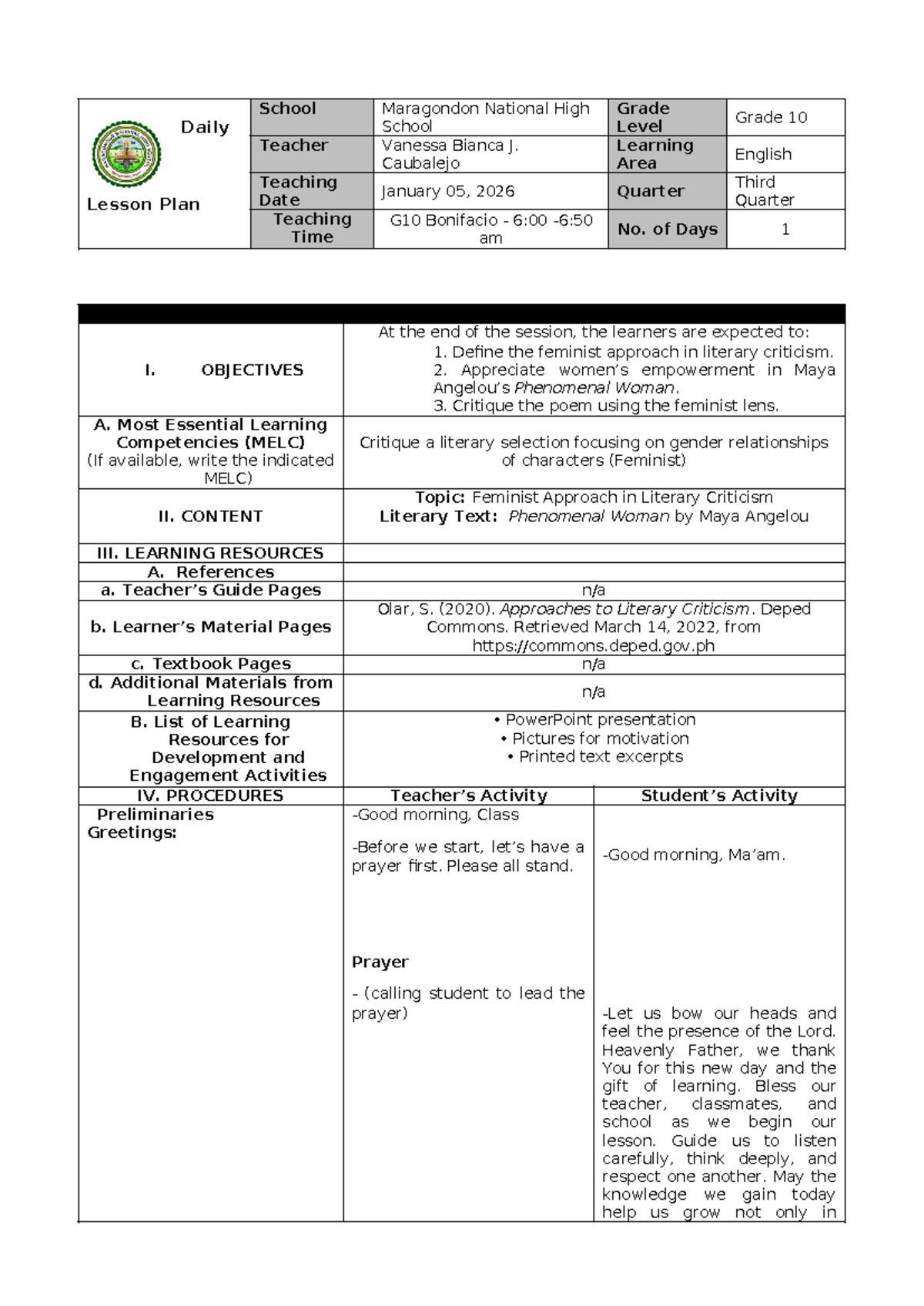 G10 English Daily Lesson Plan: Feminist Approach in Literary Criticism ...