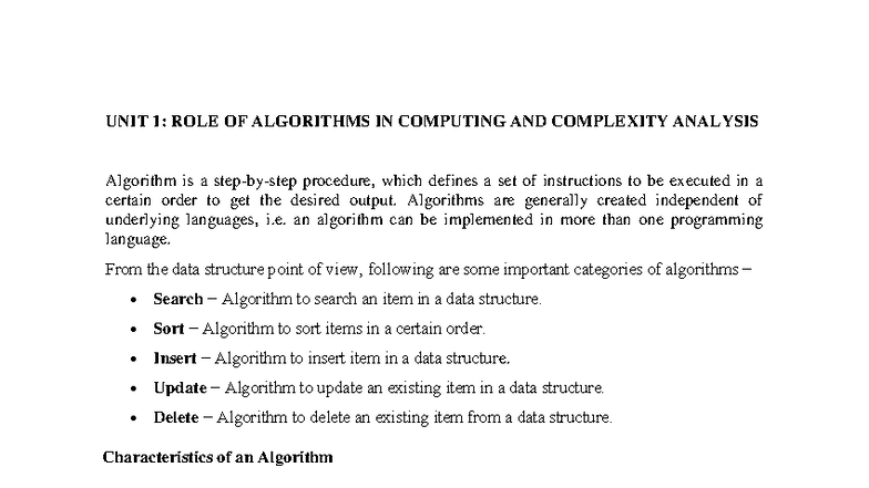 UNIT 1: ALGORITHMS IN COMPUTING & COMPLEXITY ANALYSIS - Studocu