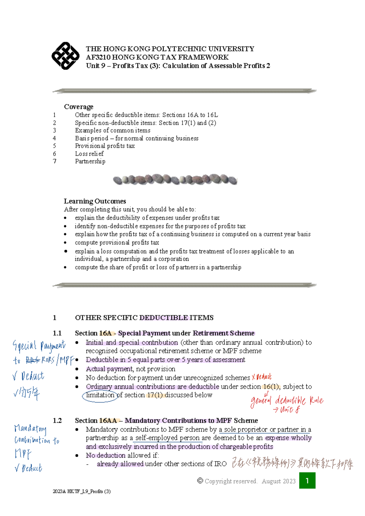 Unit 9 AF3210: Profits Tax (3) - Assessable Profits Calculation Guide ...