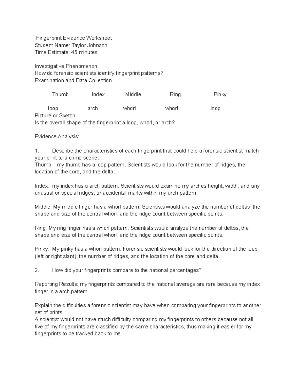 Fingerprint Evidence Worksheet: Analyzing Patterns and Characteristics ...