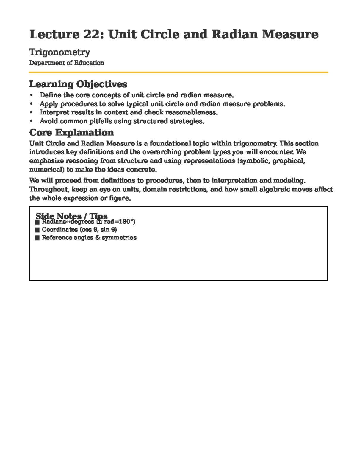 Lecture 22: Understanding Unit Circle & Radian Measure in Trig - Studocu