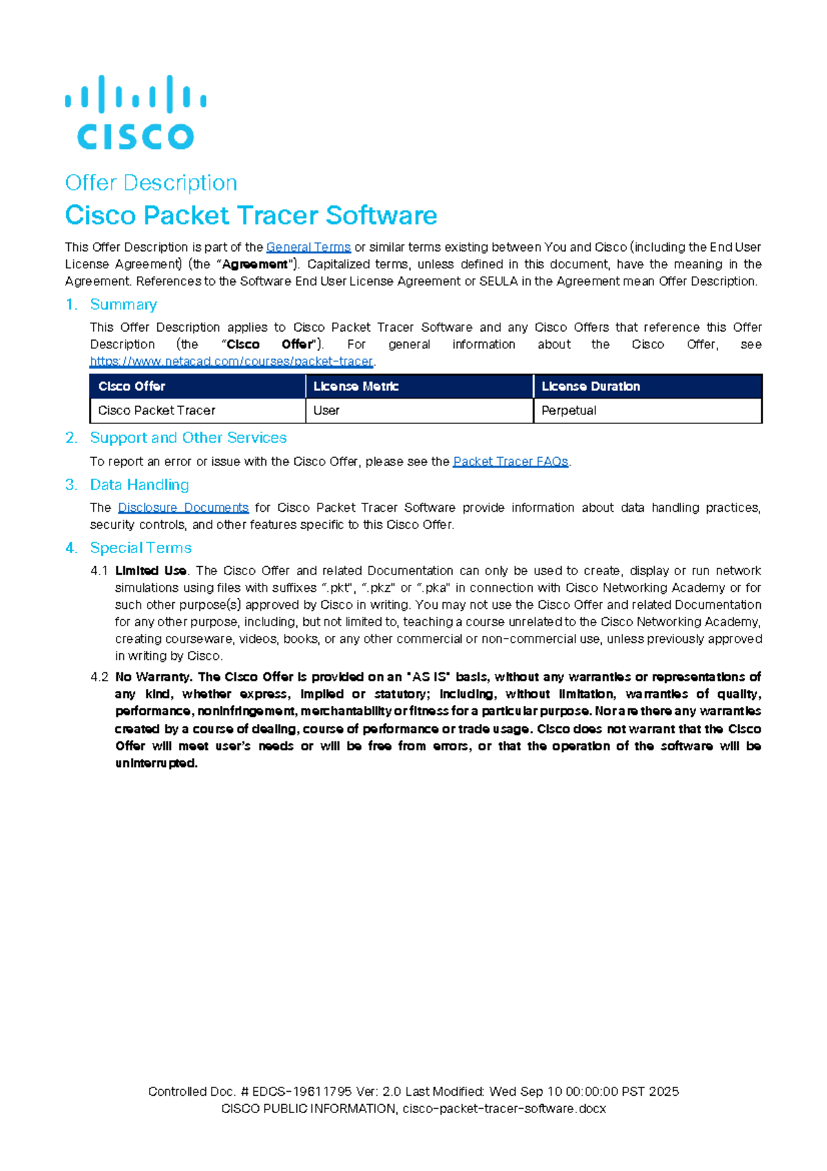 Cisco Packet Tracer Software Offer Description and Terms - Studocu