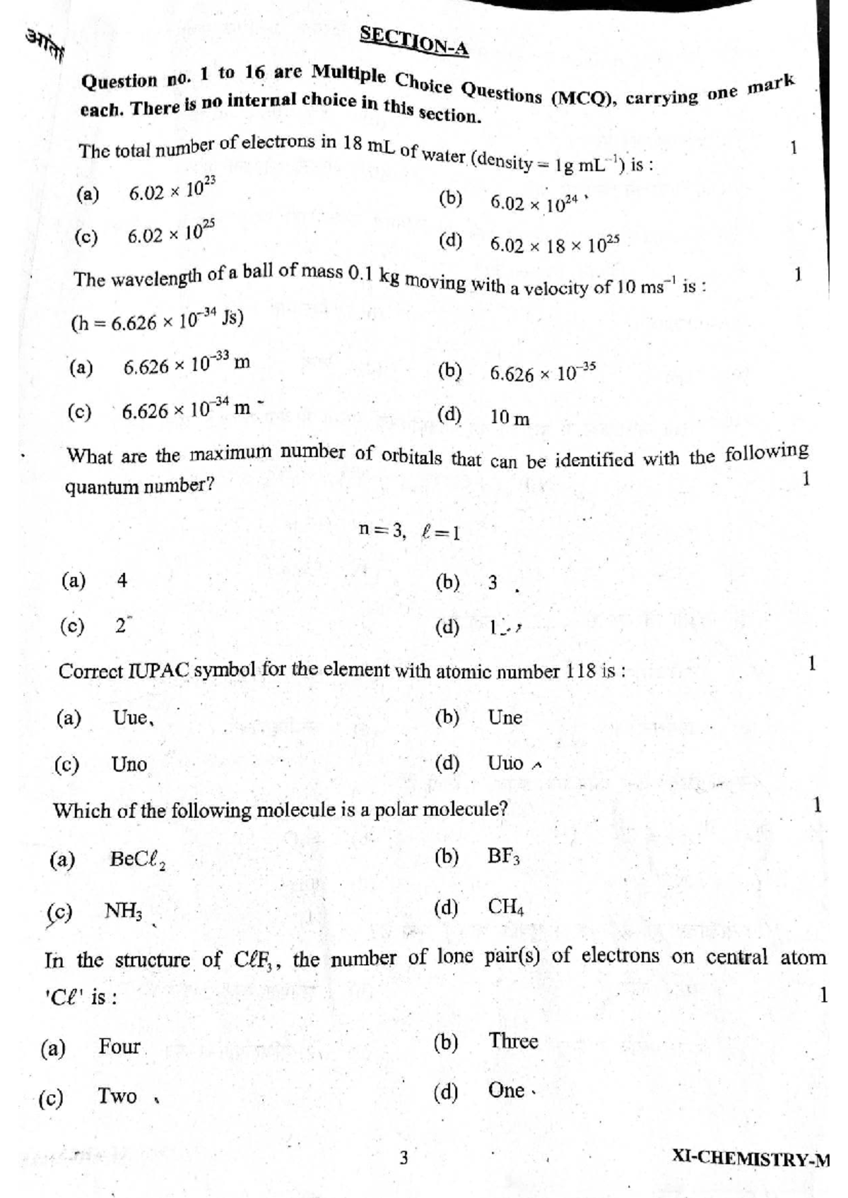 Chemistry 11th Paper - Internal MCQs and Short Answer Questions - Studocu