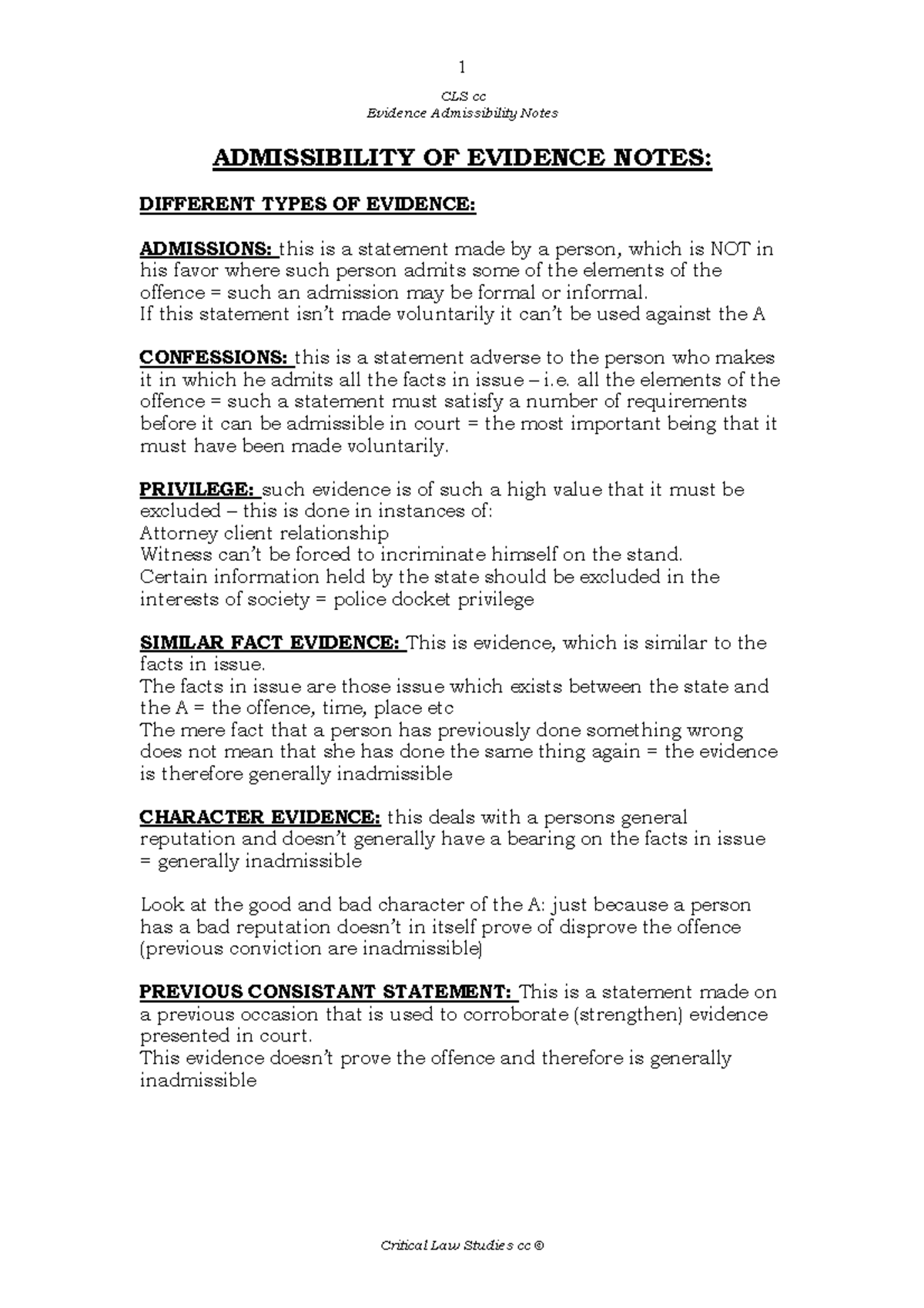 CLS Evidence Admissibility Notes - Comprehensive Summary for Final Exam ...