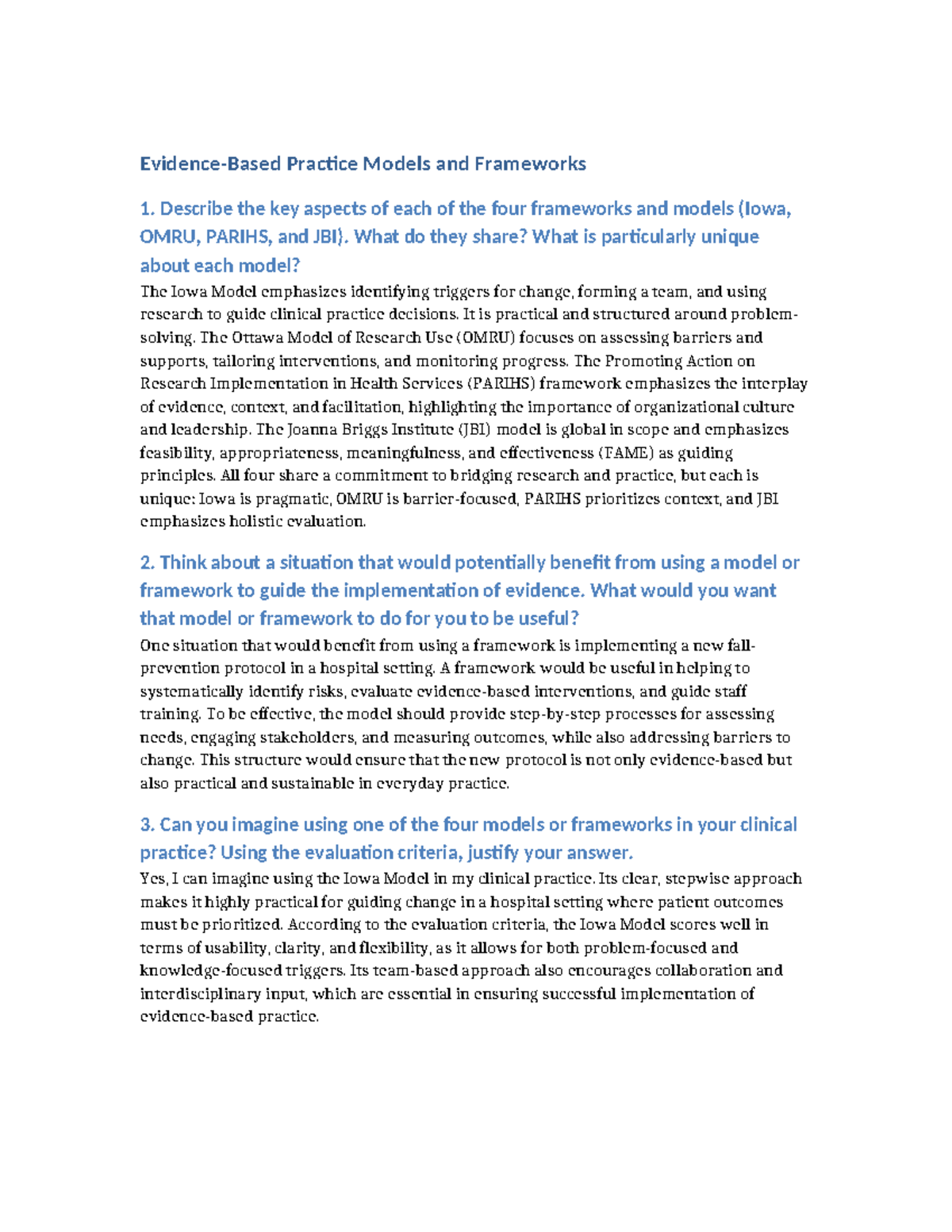 EBP Frameworks Assignment: Analyzing Iowa, OMRU, PARIHS, and JBI Models ...
