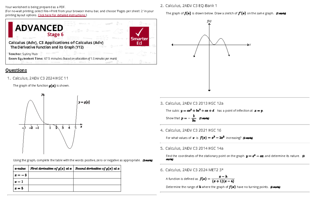 Derivative Function and Its Graph - Calculus 2ADV C3 Notes - Studocu