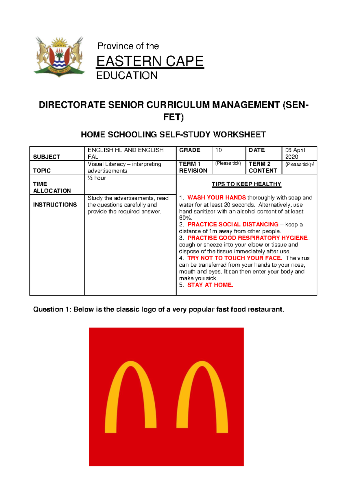 Grade 10 English HL & FAL Worksheet: Visual Literacy in Ads - Studocu