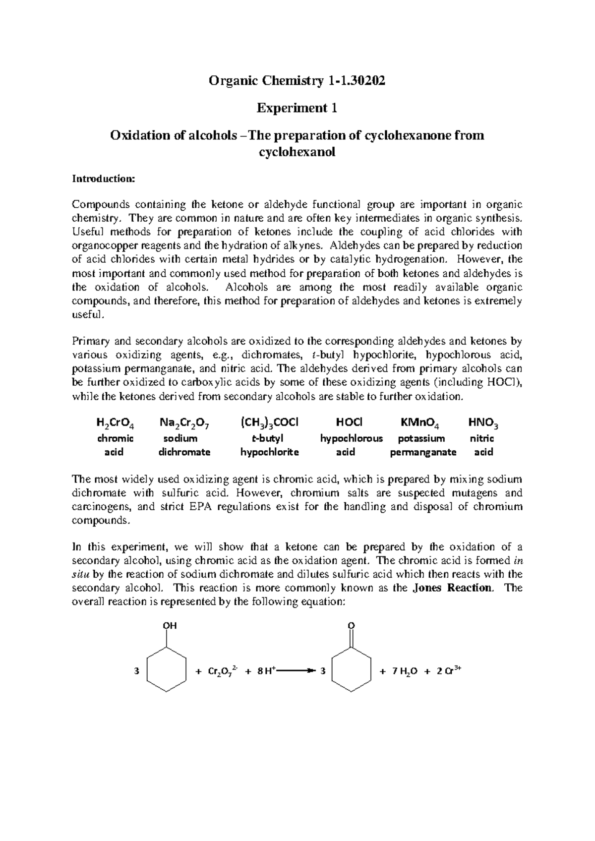 Experiment 1: Oxidation of Cyclohexanol to Cyclohexanone Using Na2Cr2O7 ...