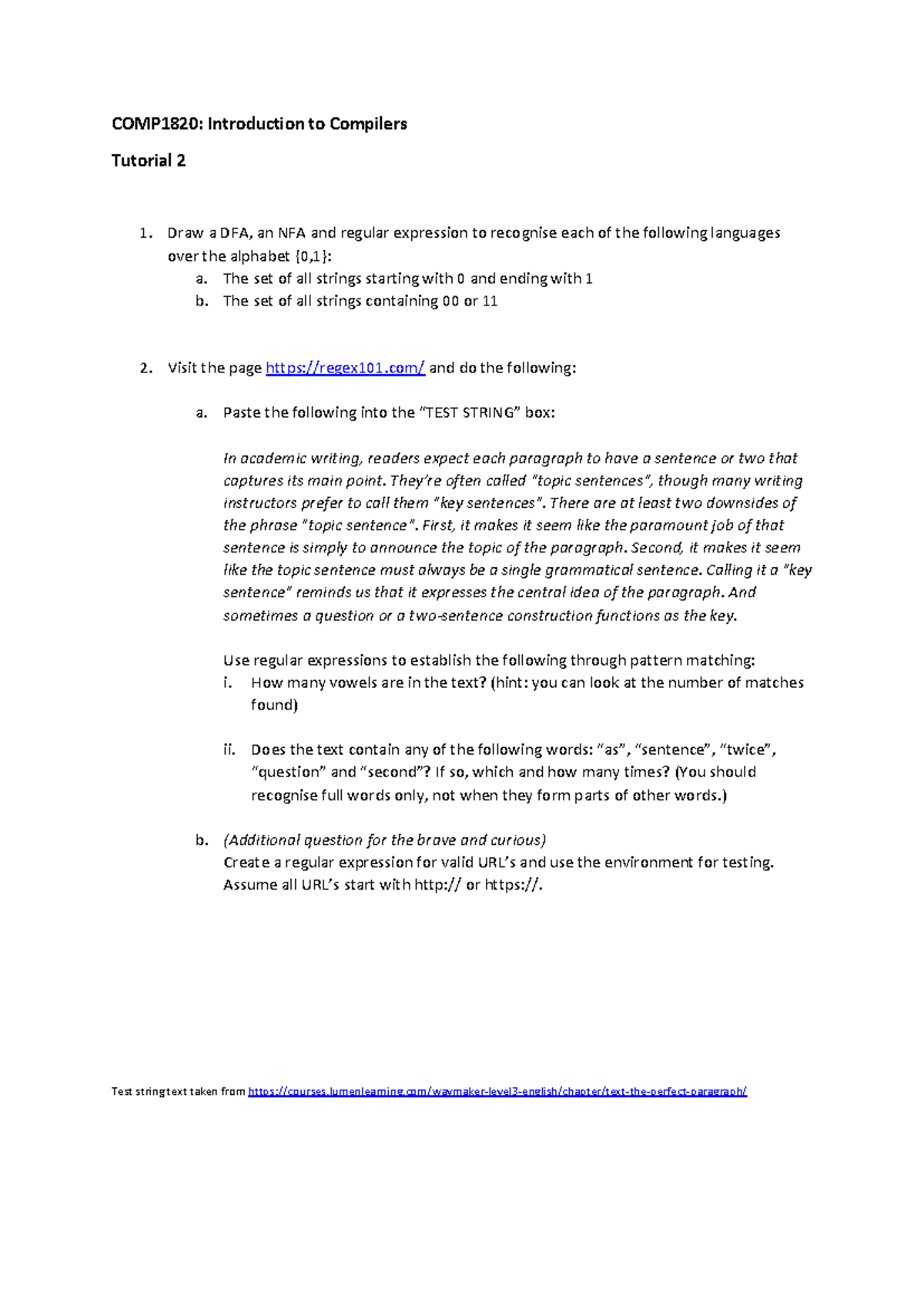 COMP1820 Tutorial 2: DFAs, NFAs, Regex & Pattern Matching Tasks - Studocu