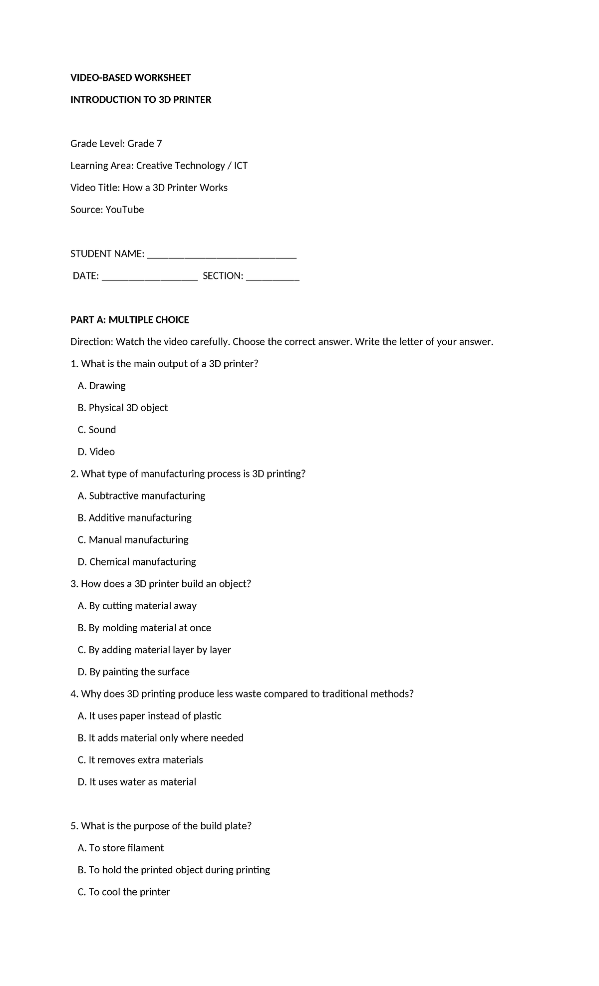 Grade 7 Creative Tech: 3D Printer Worksheet & Quiz - Studocu