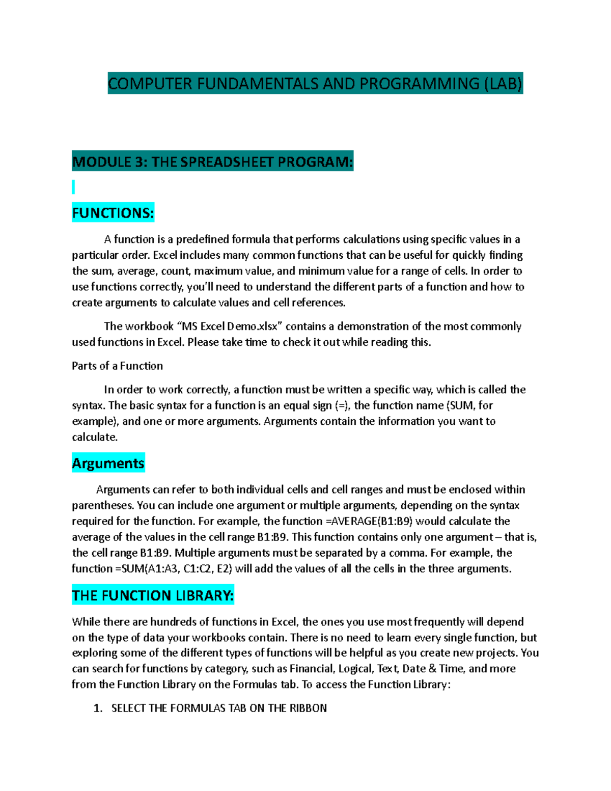 Module 3 THE Function Library - COMPUTER FUNDAMENTALS AND PROGRAMMING (LAB) MODULE 3: THE - Studocu