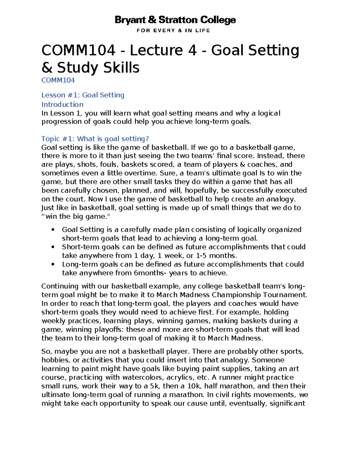 COMM104 Lecture 4 - Goal Setting Study Skills - COMM104 - Lecture 4 ...