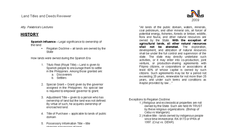 LTD 2009 Land Titles and Deeds Reviewer: Spanish Influence & Regalian ...