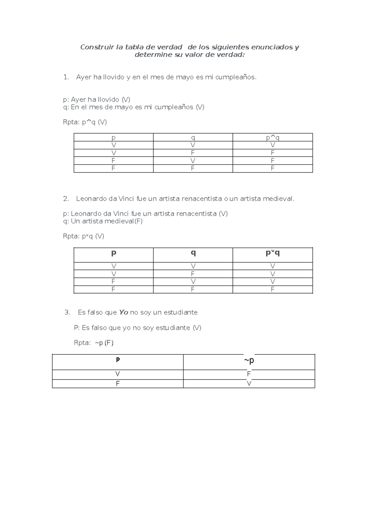 Construcción de la Tabla de Verdad: Ejercicios y Respuestas - Studocu