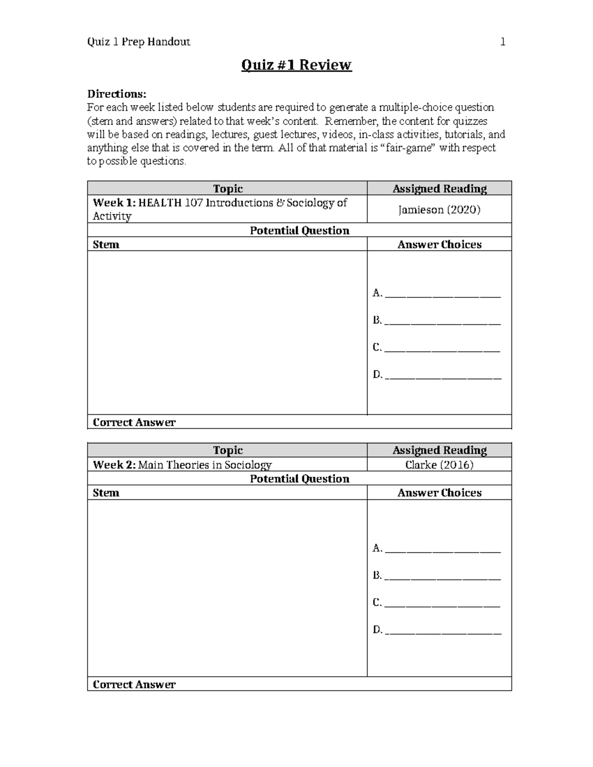 Tutorial 5 - Quiz 1 Prep Handout 1 - Quiz 1 Prep Handout Quiz #1 Review ...