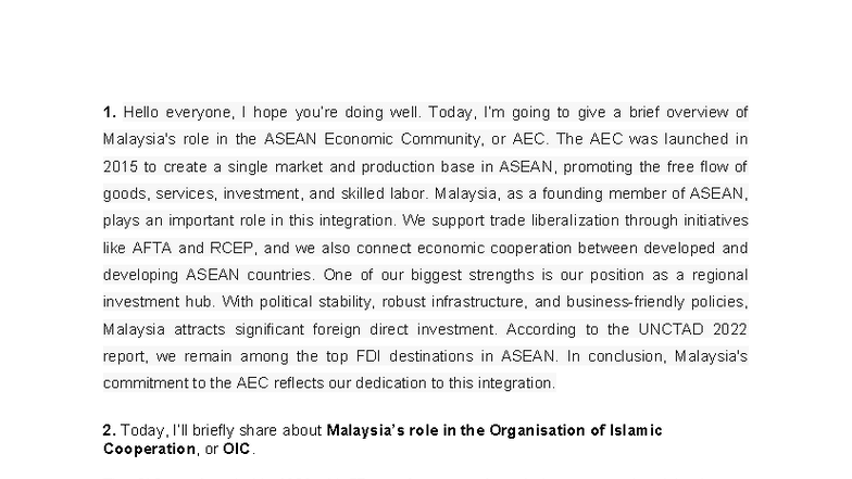 Skrip Presentasi PAD270: Peranan Malaysia dalam AEC, OIC & APEC - Studocu