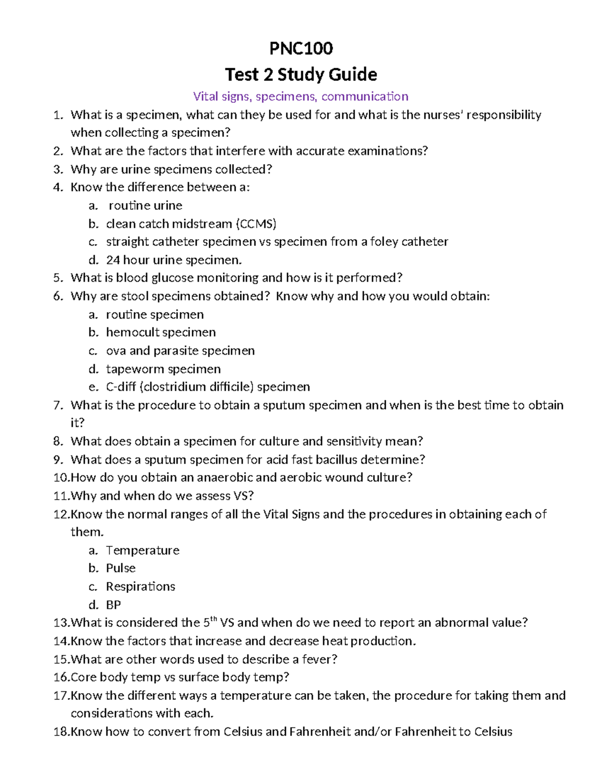 PNC100 Test 2 Study Guide: Vital Signs and Specimen Collection - PNC ...