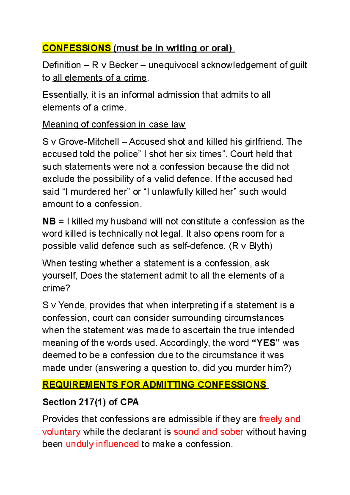 Law of Evidence: Confessions and Admissibility (LWE 101) - Studocu