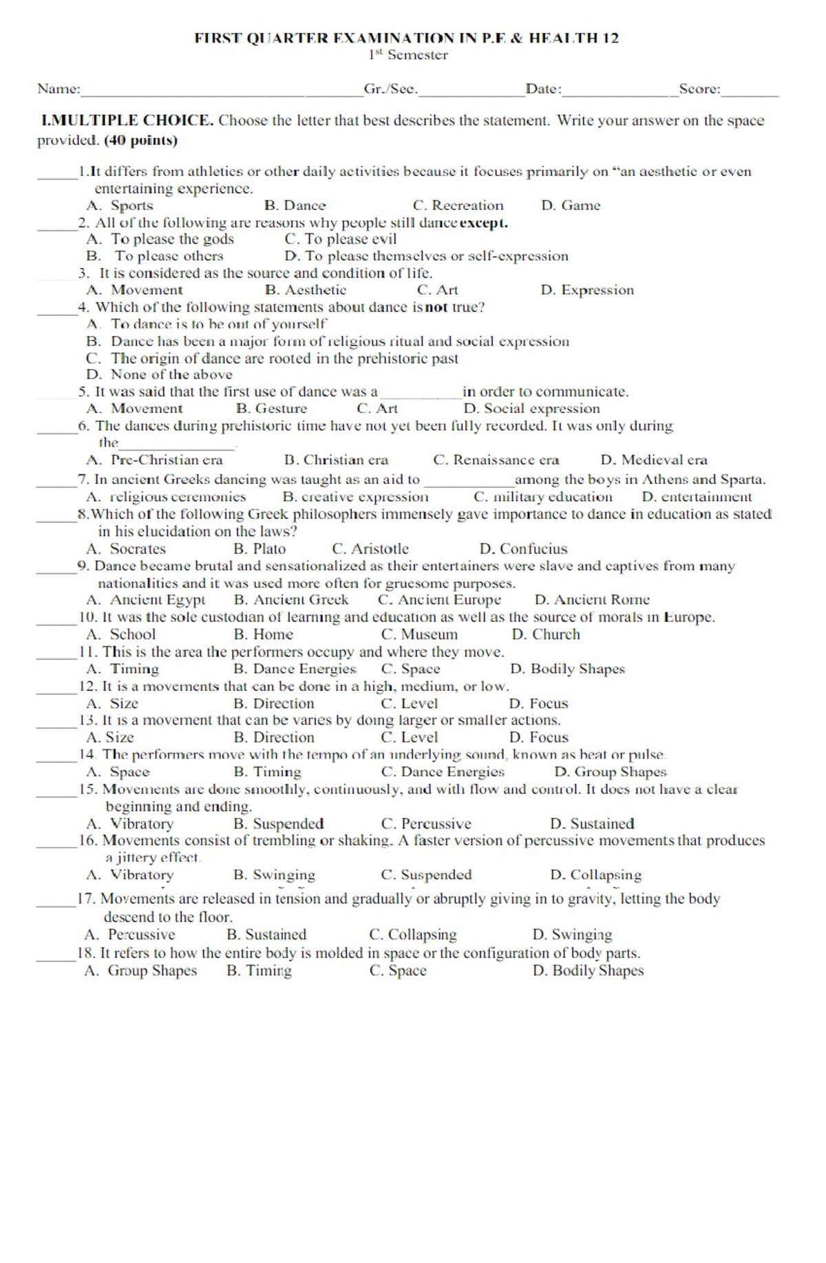 P.E. HEALTH 12 1st Sem. Final Exam Review: Multiple Choice Questions - Studocu